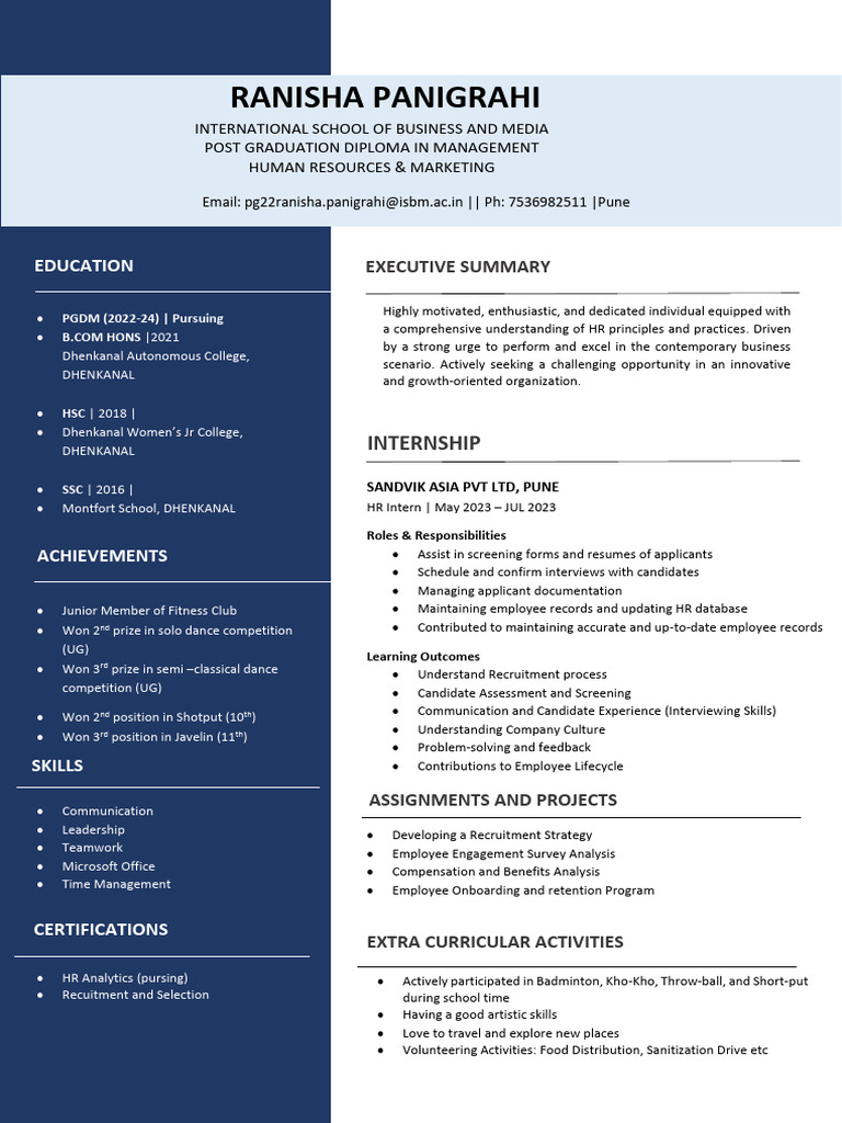 RANISHA PANIGRAHI_ RESUME pdf-1 | PDF | Recruitment | Employee Retention