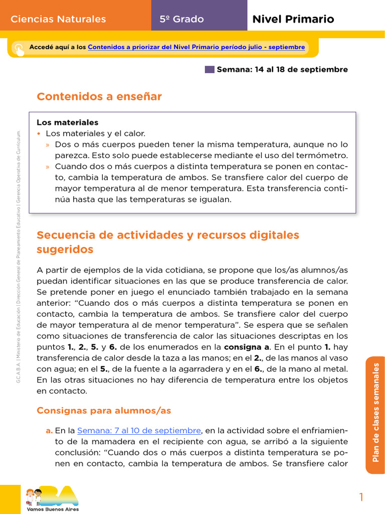 Plan Clases Prim Csnat 5 Q2sep | PDF | Calor | Temperatura