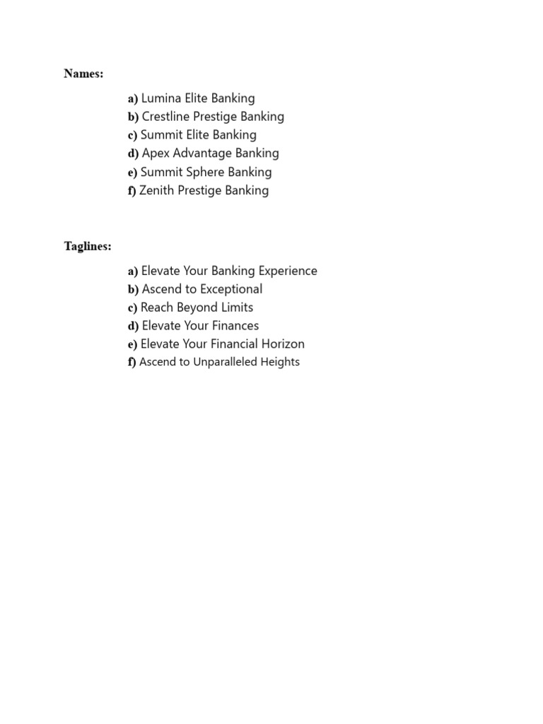 Premium Banking Name Ideas and Taglines | PDF