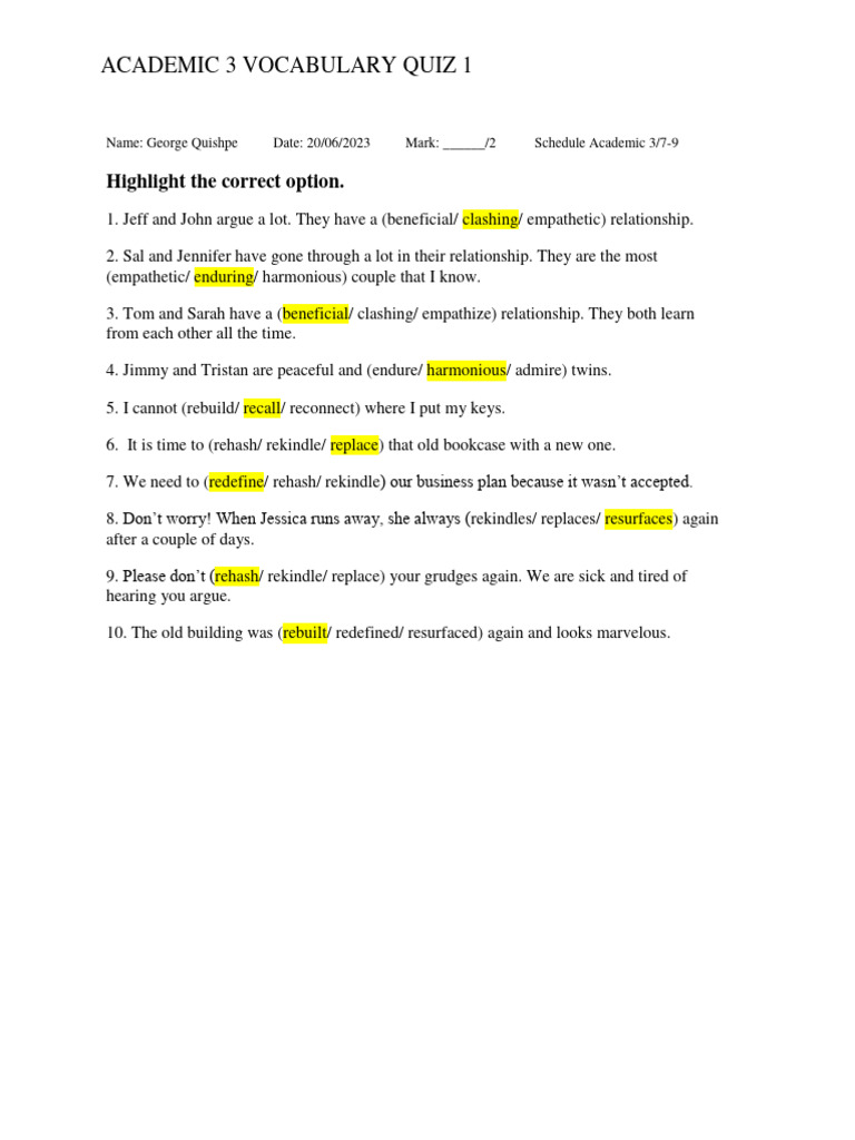 Vocabulary Quiz 1 | PDF