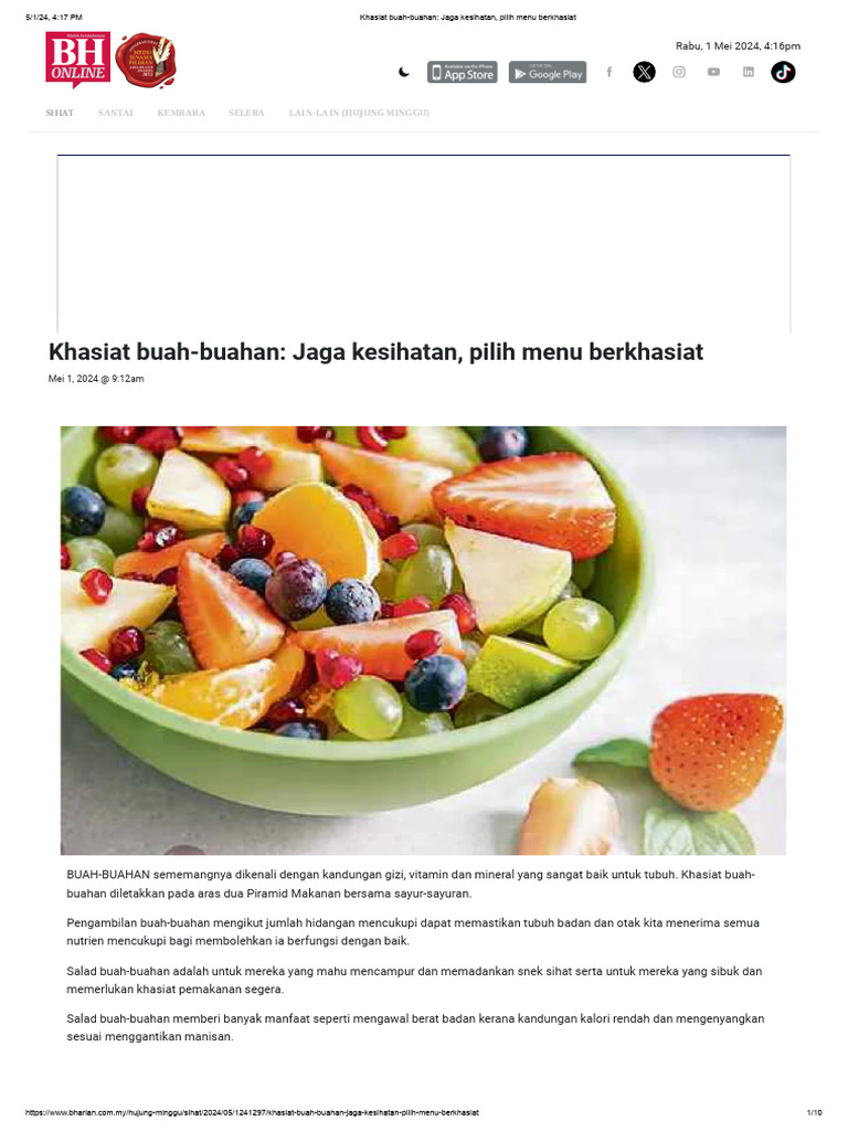 Khasiat Buah-Buahan - Jaga Kesihatan, Pilih Menu Berkhasiat | PDF