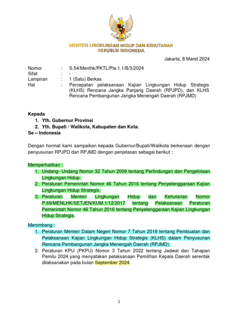 54 Surat Ke Gub, Walikota, Bupati Se Indonesia TTG Percepatan KLHS ...
