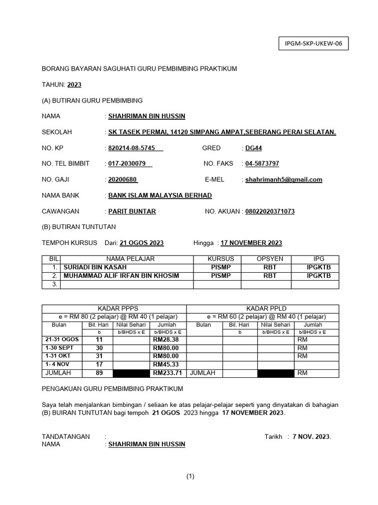 Contoh Pengisian Borang Saguhati Guru Pembimbing - Pulau Pinang ...