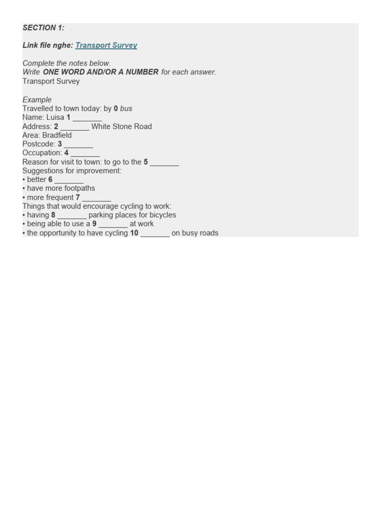 IELTS Listening Section 1 Transport Survey | PDF