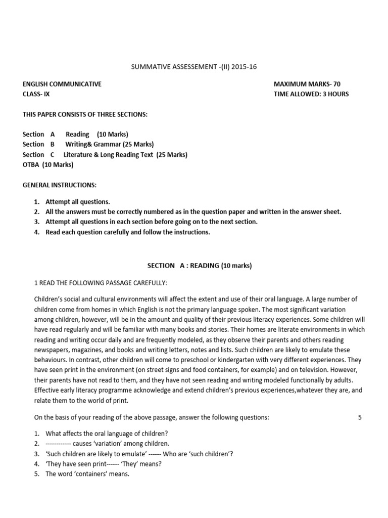 Class IX English Summative Assessment 2015-16 | PDF | Literacy | Writing