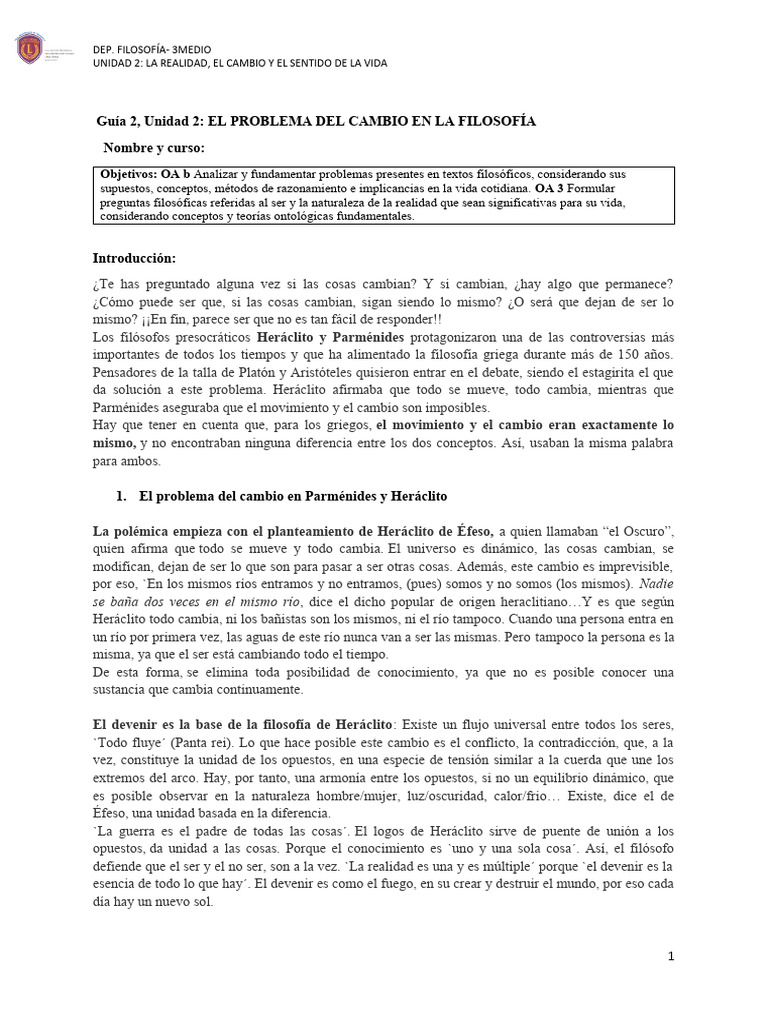 Guía 2 Unidad 2 El Problema Del Cambio | PDF | Platón | Aristóteles
