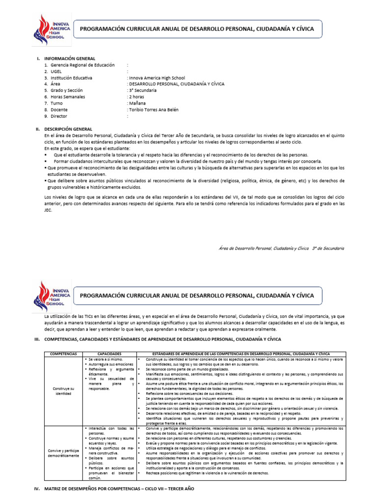 3ro Programacion Anual D.P.C.C. | PDF | Enseñando | Desarrollo personal