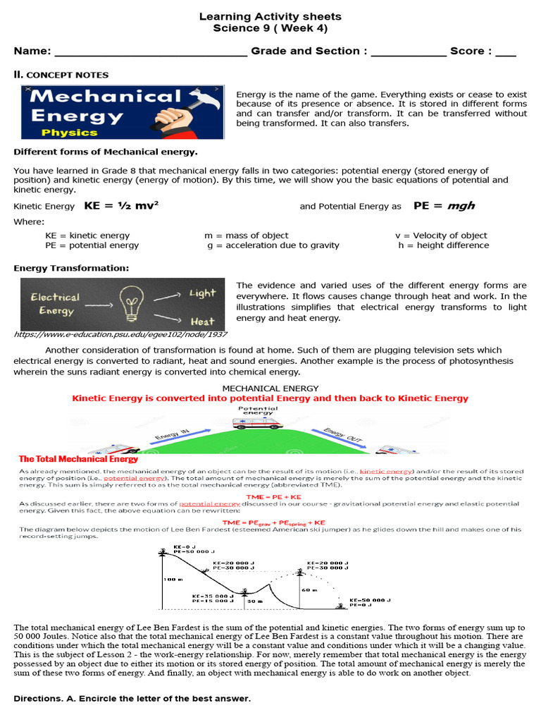Learning Activity Sheets WK 4 | PDF | Potential Energy | Kinetic Energy