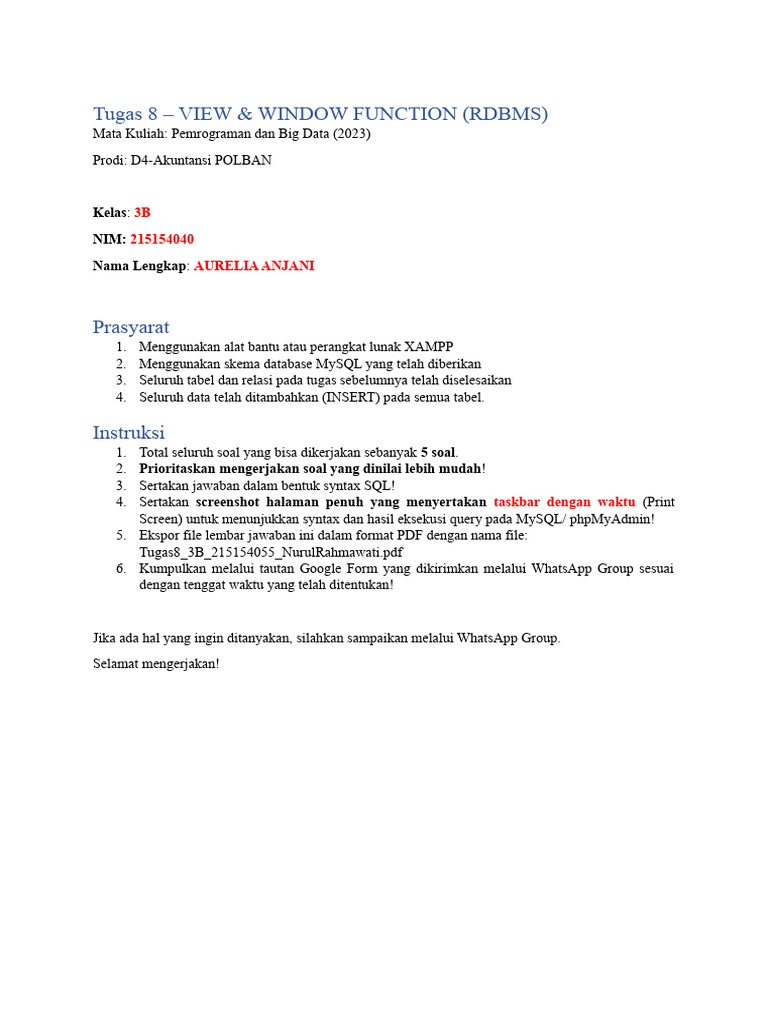 Tugas SQL: View & Window Function RDBMS | PDF | Metode & Bahan Ajar | Komputer