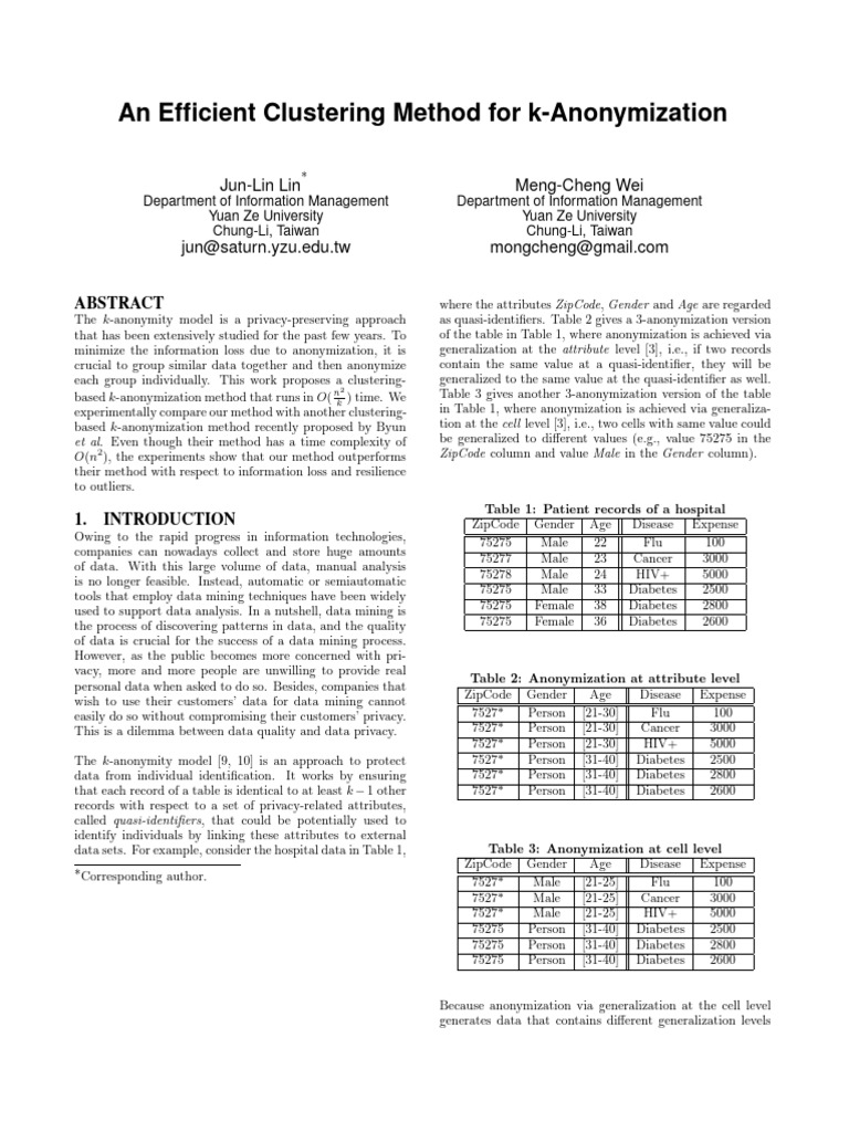 2 An - Efficient - Clustering - Method - For - K-Anonymization (New) | PDF | Cluster Analysis | Data
