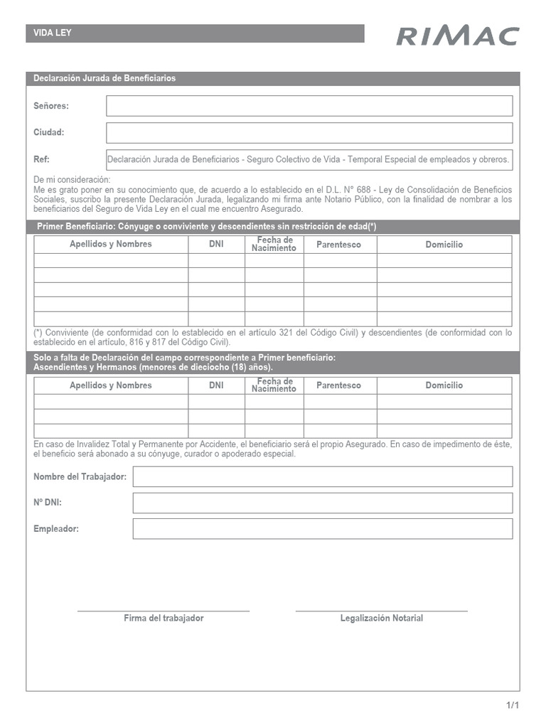 FORMATO_DECLARACION-JURADA-DE-BENEFICIARIOS-VIDA-LEY RIMAC | PDF