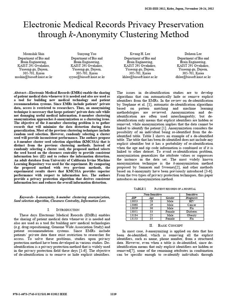 k-Anonymity in EMR Privacy Protection | PDF | Cluster Analysis ...