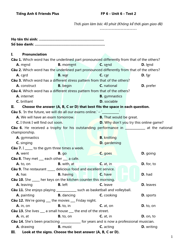 Ôn Tập Giữa Học Kì Ii Unit 6 Test 2 Pdf Homeschooling Schools
