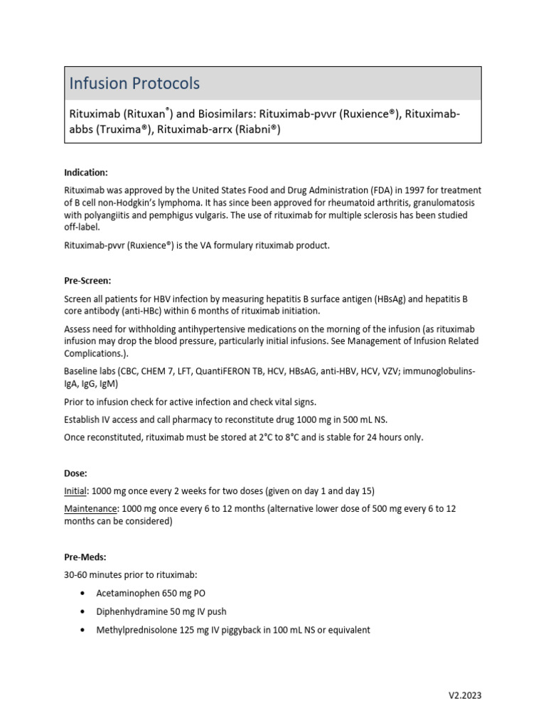 Rituximab Infusion Protocol | PDF | Intravenous Therapy | Clinical Medicine