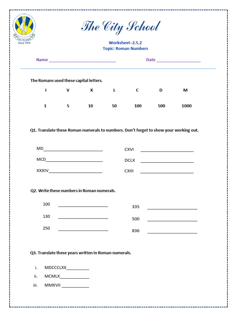 Class 5 Worksheet 2.5.2 - Roman Numbers | PDF