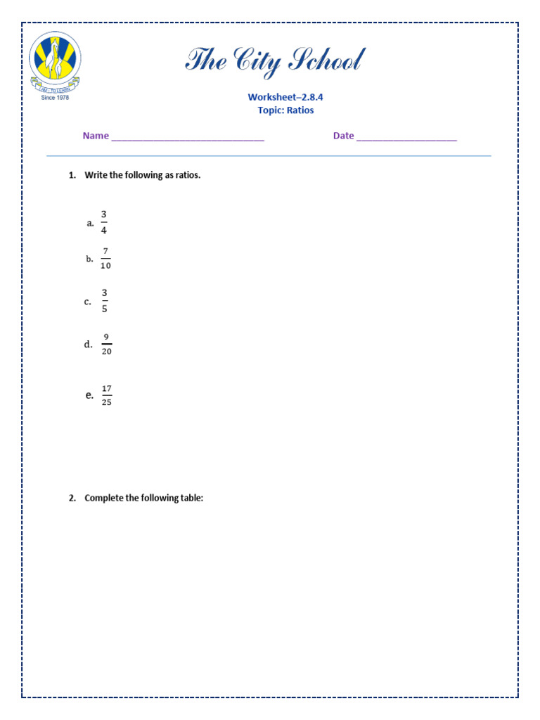 Class 5 worksheet 2.8.4 - Ratios (1) | PDF
