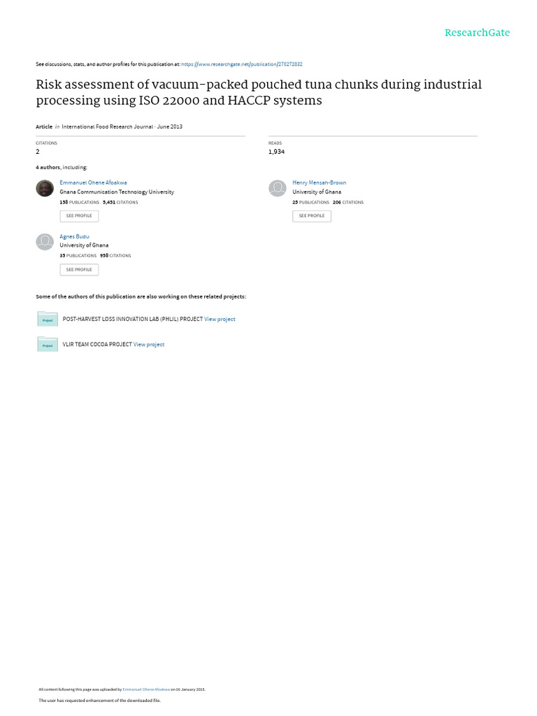Risk Assessment For Tuna Fish Packing | PDF | Hazard Analysis And ...