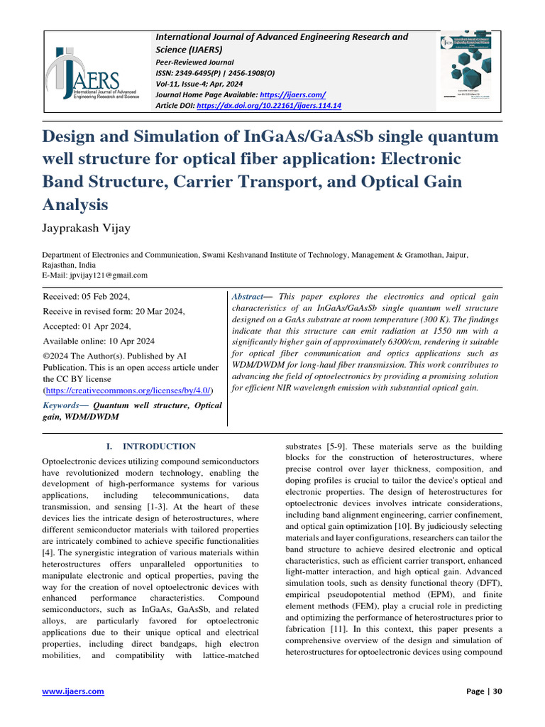 Design and Simulation of InGaAs/GaAsSb Single Quantum Well Structure ...