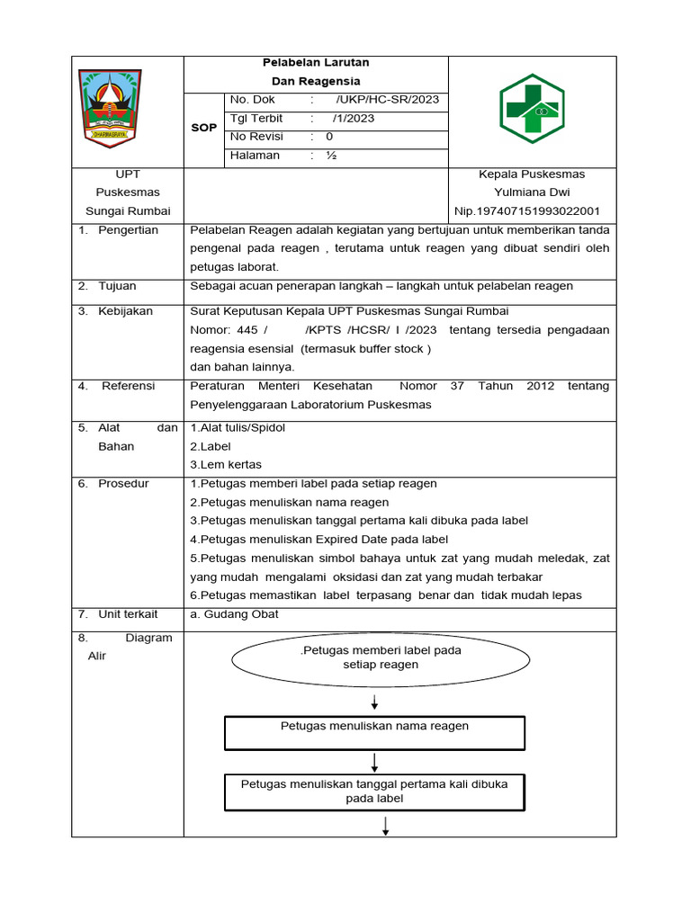 1.SOP Pelabelan Larutan Dan Reagensia | PDF | Sains & Matematika