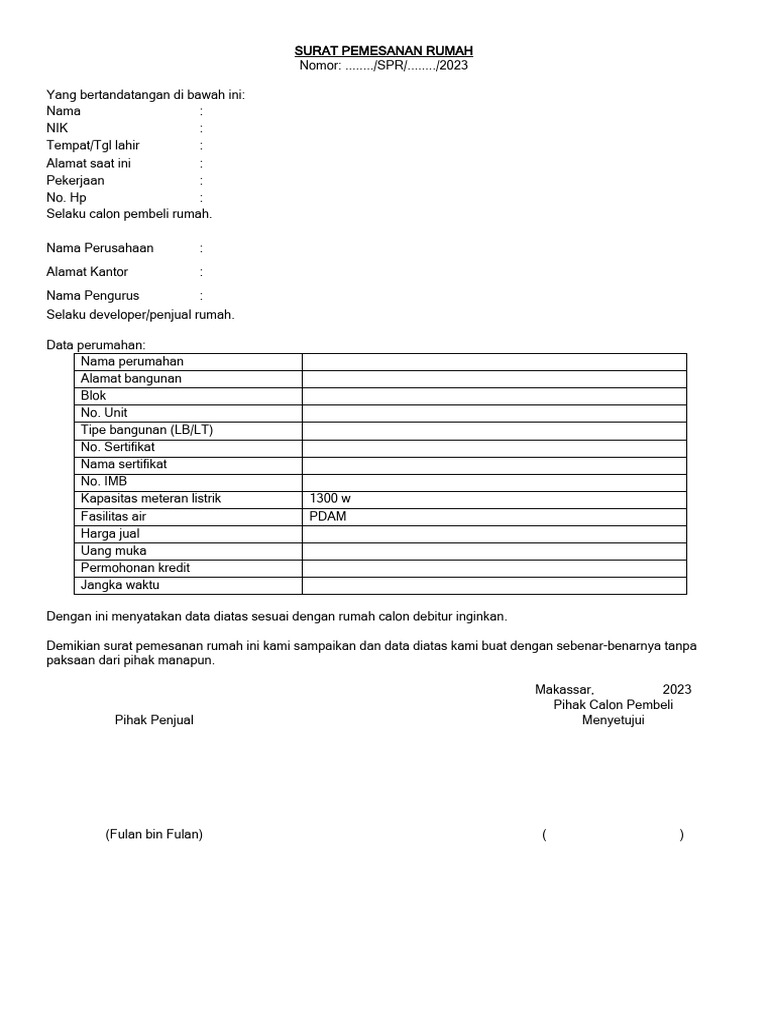 SPR (Surat Pemesanan Rumah) | PDF