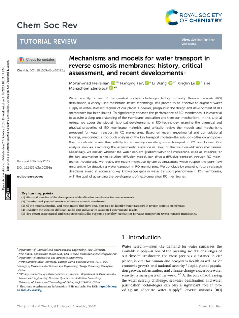 Mechanisms and Models for Water Transport in Reverse Osmosis Membranes_ History, Critical ...