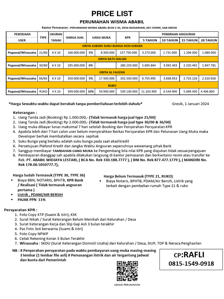 Pricelist WISMA ABABIL Rafli 2024. | PDF