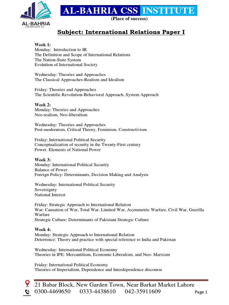 Al-Bahria Css Institute: Subject: International Relations Paper I | PDF ...