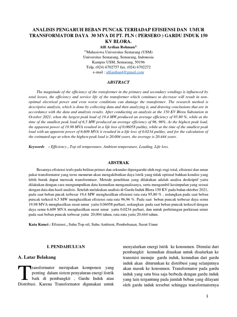 Analisis Pengaruh Beban Puncak Terhadap Efisiensi Dan Umur Transformator Daya 30 Mva Di Pt. PLN ...