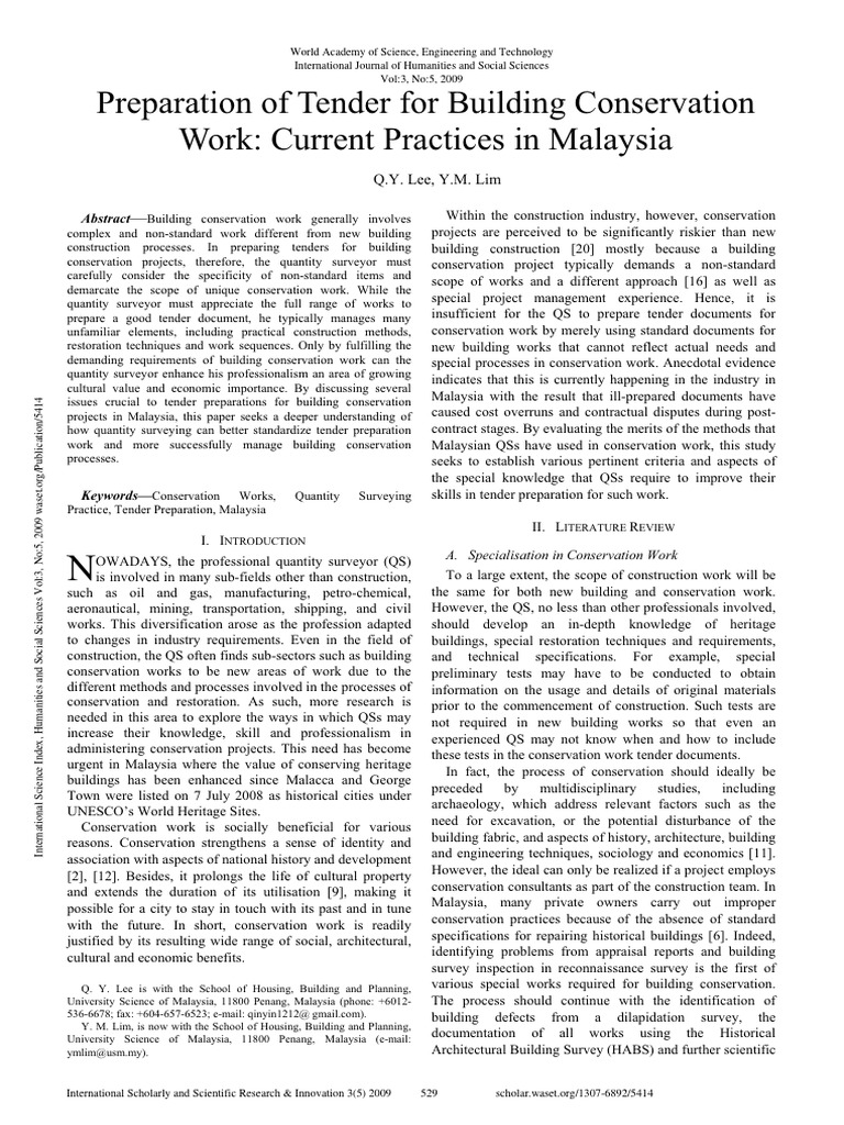Preparation of Tender For Building Conservation Work: Current Practices ...