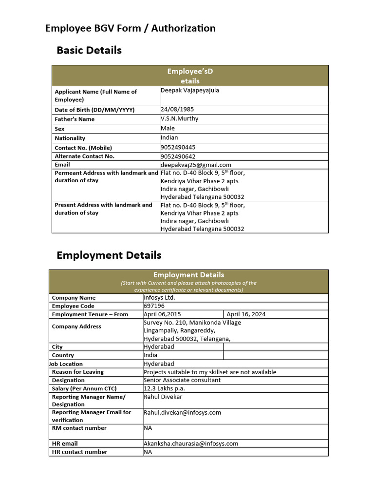 Employee Background Verification Form | PDF | Background Check ...