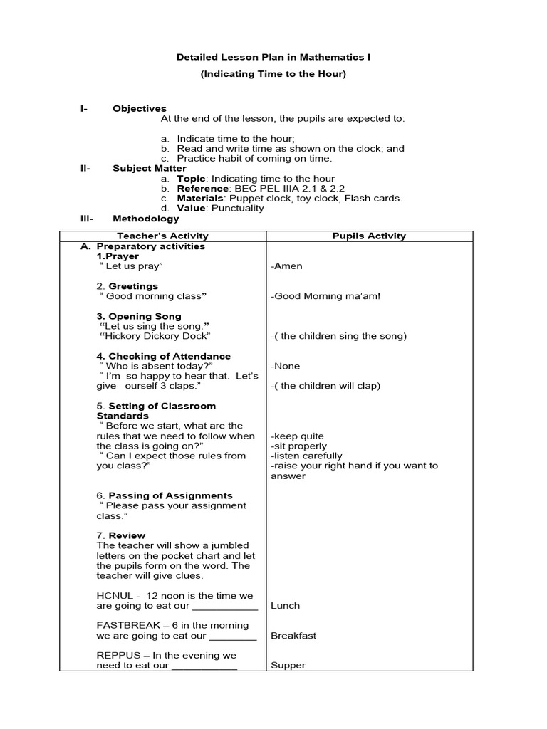 Detailed - Lesson - Plan - in - Mathematics - 1 Clock | PDF | Teachers ...