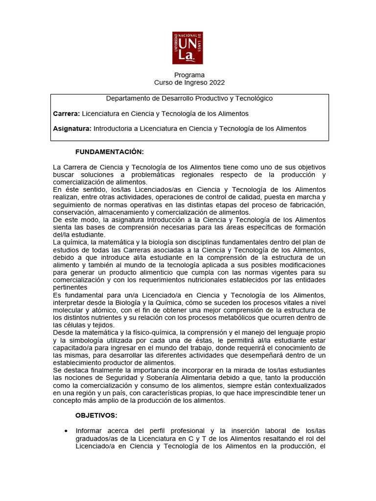 Programa de La Materia Introductoria Ingreso Cuatrimestral 2021 | PDF | Alimentos | Química