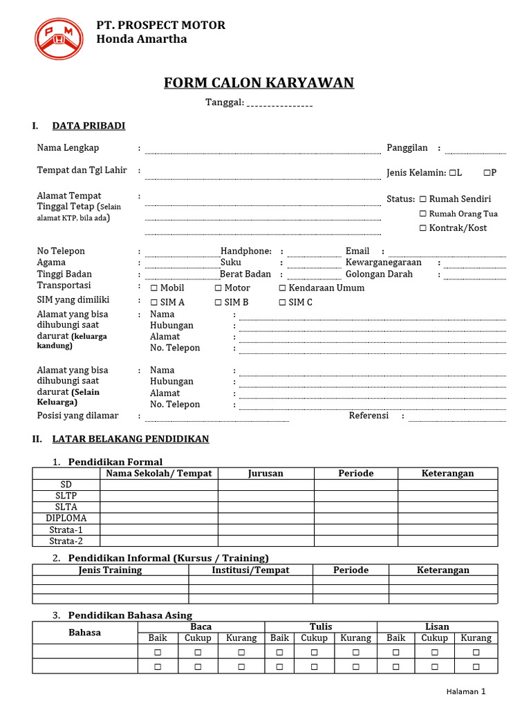 Form Calon Karyawan - Kaltim | PDF