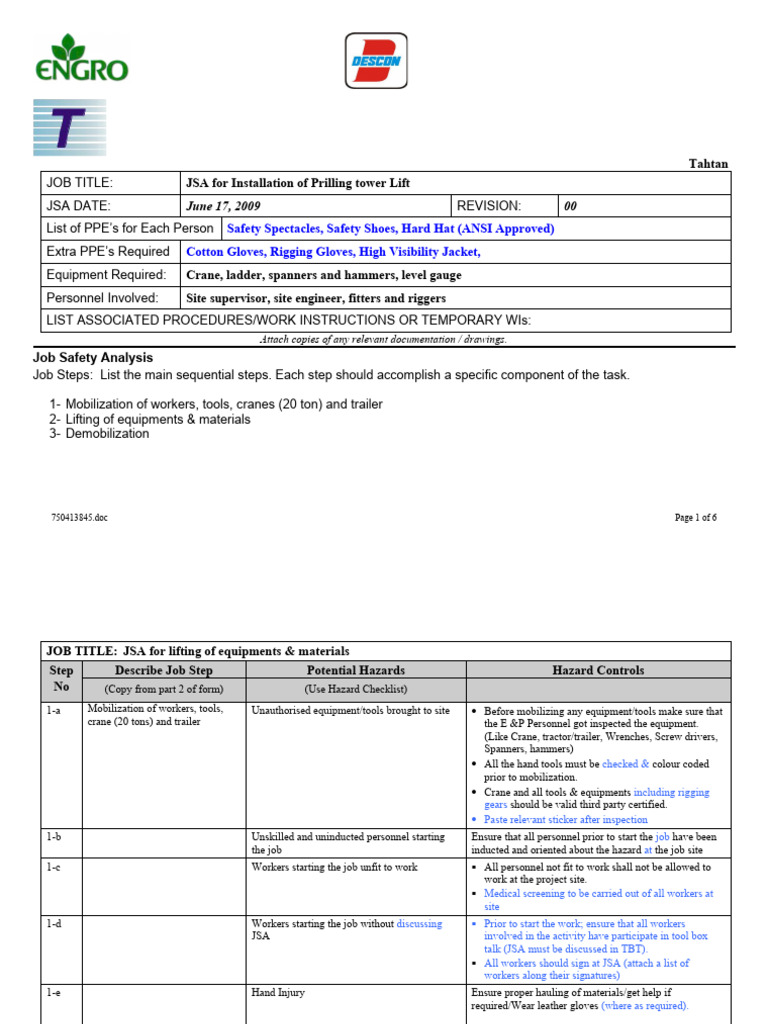 JSA for Prilling Tower Lift Safety | PDF | Crane (Machine) | Personal ...