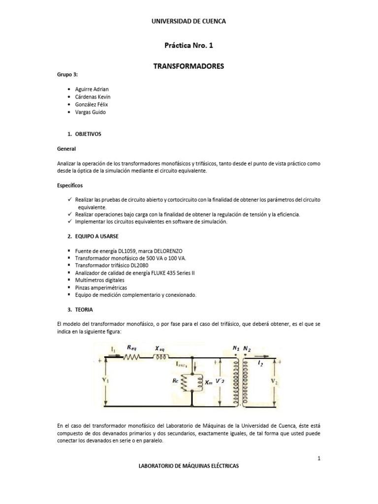 Informe 1 - Transformadores | PDF | Transformador | Corriente eléctrica