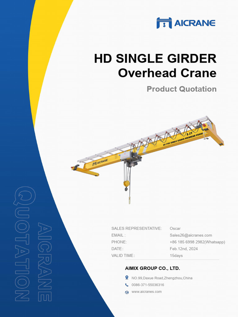 Quotation For HD Model Overhead Crane From AICRANE of AIMIX GROUP | PDF ...