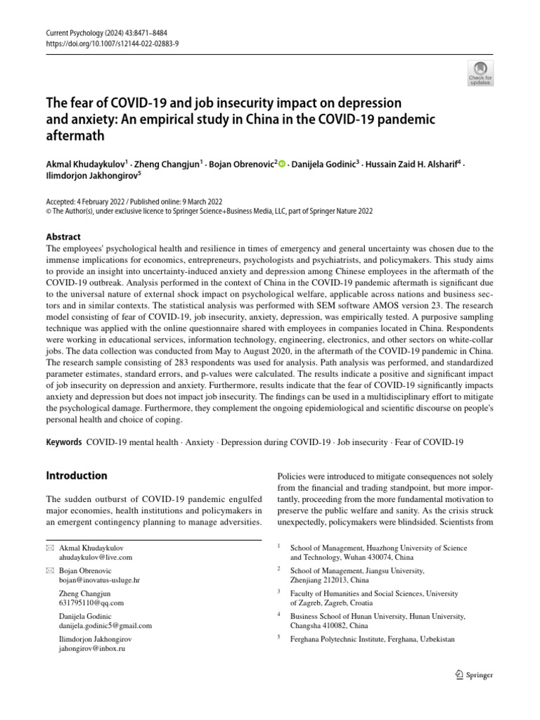The Fear of COVID-19 and Job Insecurity Impact On Depression and ...