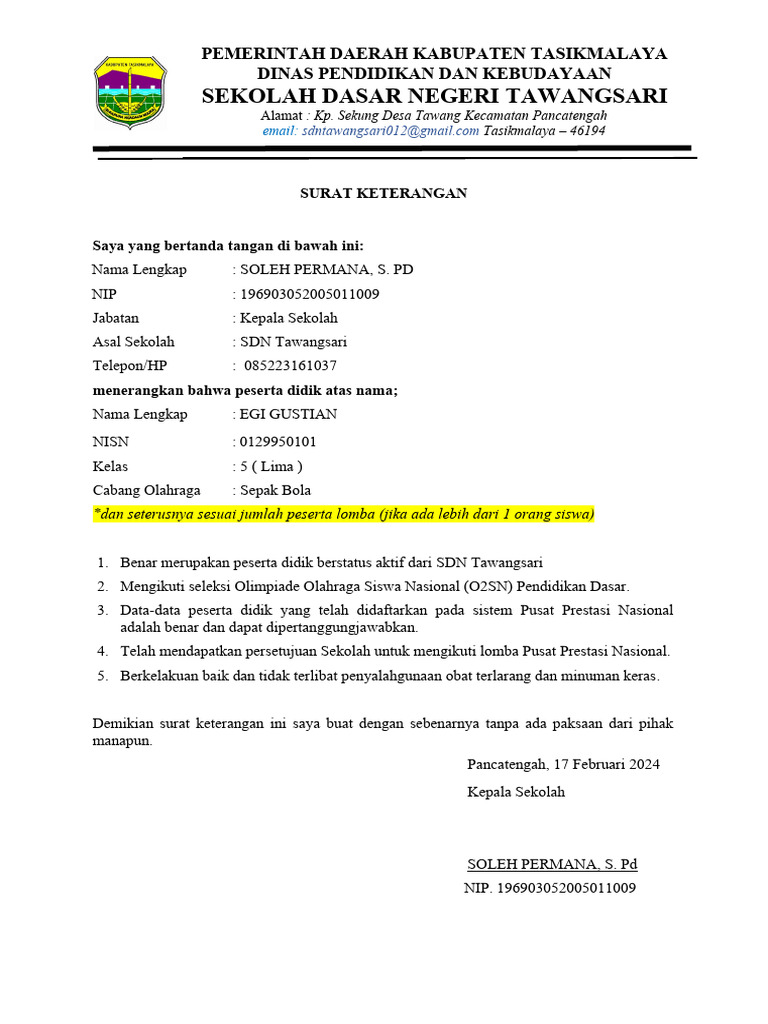 Surat Keterangan Sekolah O2sn | PDF