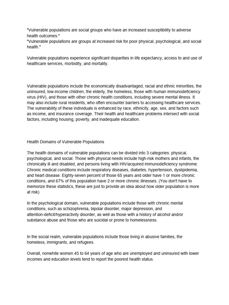Understanding Vulnerable Populations' Health | PDF