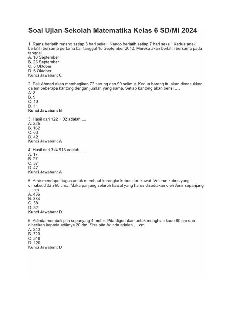 Soal Ujian Sekolah Matematika Kelas 6 SD | PDF