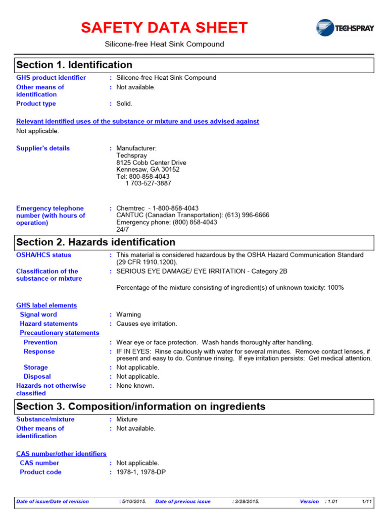 Heat Sink Compound MSDS | PDF | Dangerous Goods | Toxicity