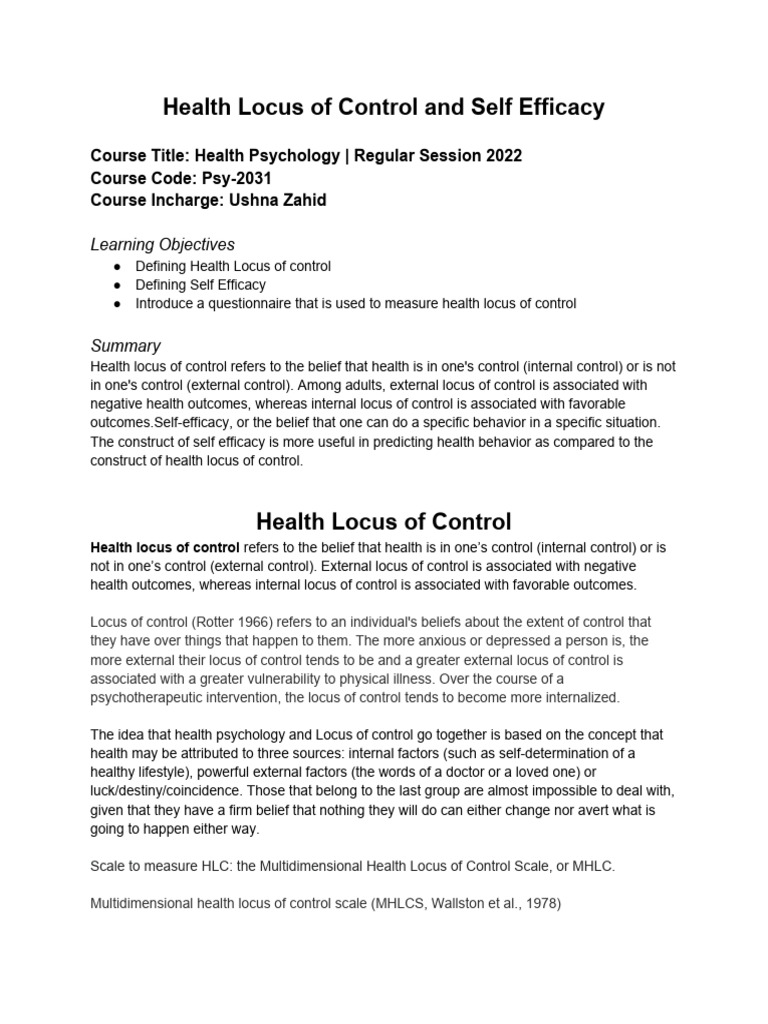 Health Locus Of Control And Self Efficacy Download Free Pdf Self Efficacy Organizational