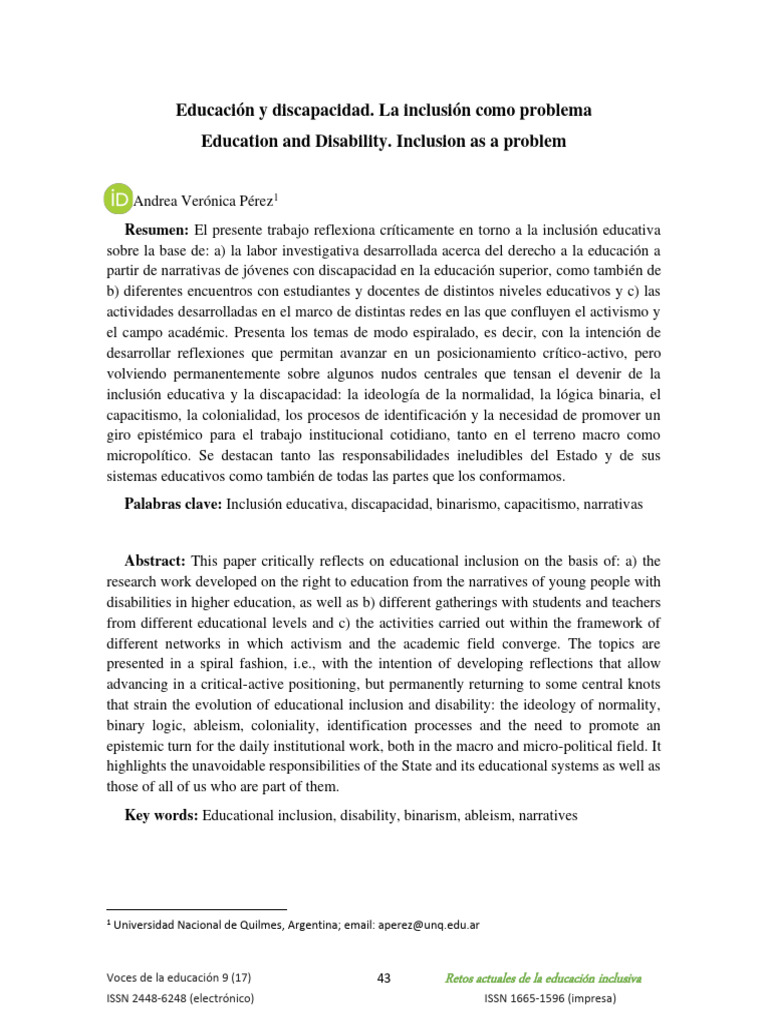 Educación y Discapacidad. La Inclusión Como Problema Education and ...
