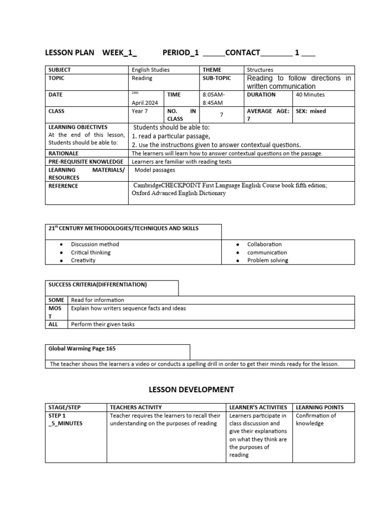 mid school LESSON PLAN WEEK 1 | PDF | Learning | Lesson Plan