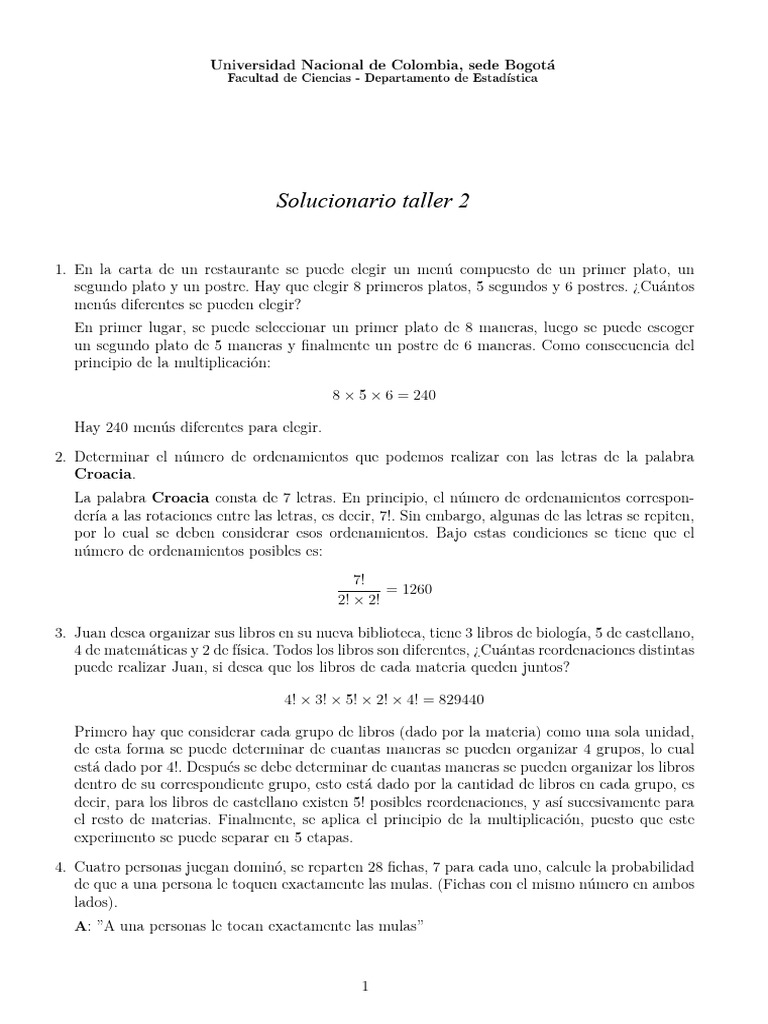 Solucionario Taller 2 - Bioestadistica UNAL | PDF | Probabilidad | Teoría de la medida