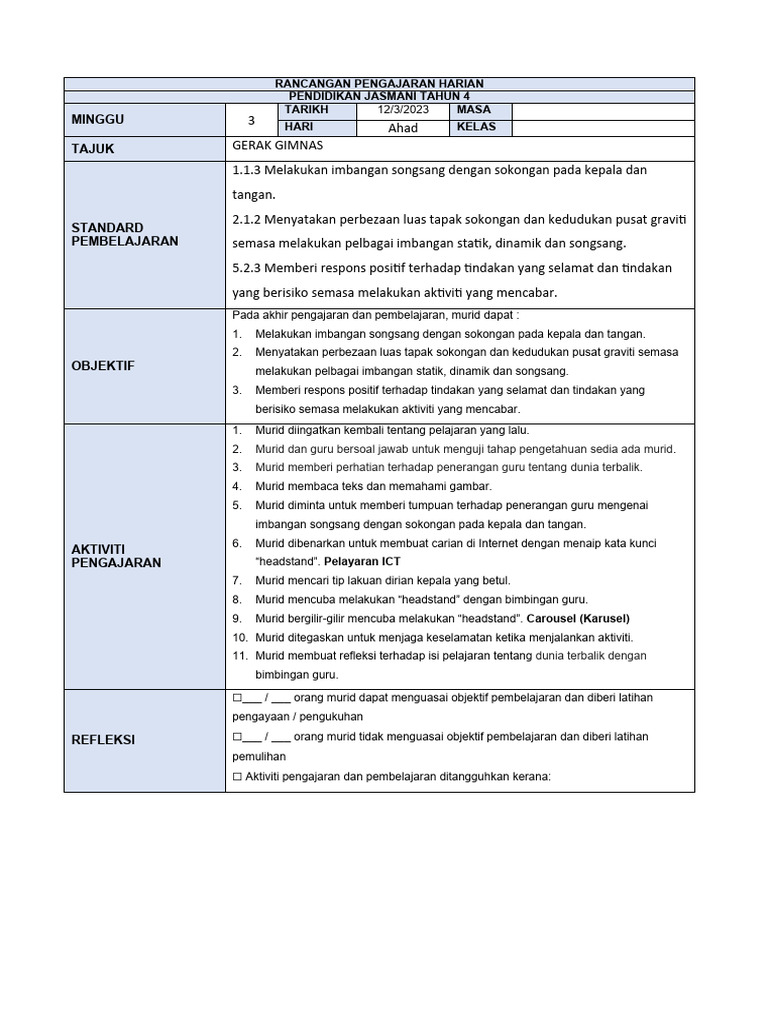 RPH Ringkas Minggu 3 Pendidikan Jasmani THN 4 by Cikgu Gorgeous | PDF