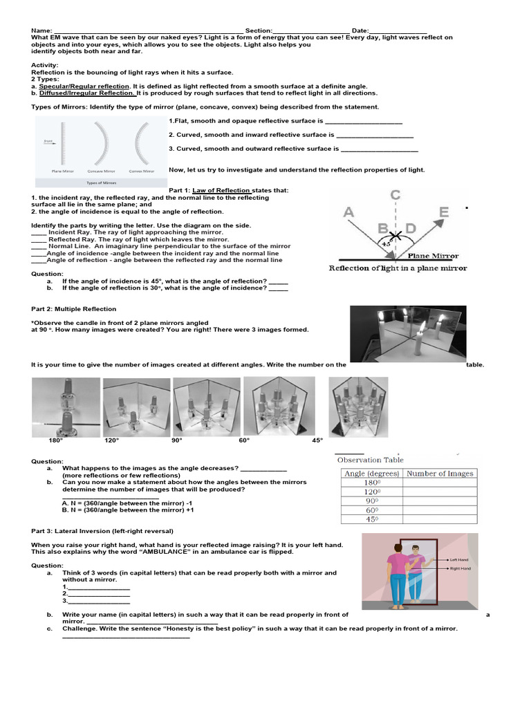Q2 Activity Reflection (Repaired) | PDF | Mirror | Electromagnetic Radiation