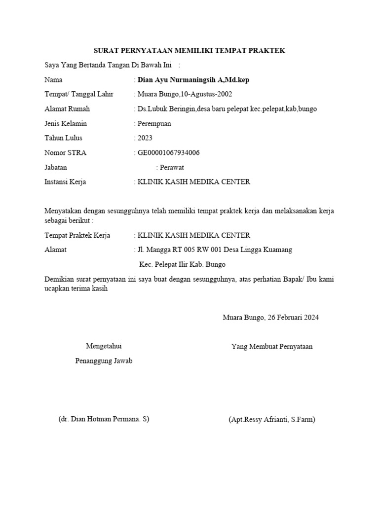 Surat Pernyataan Memiliki Tempat Praktek | PDF Surat Pernyataan Memiliki Tempat Praktek | PDF