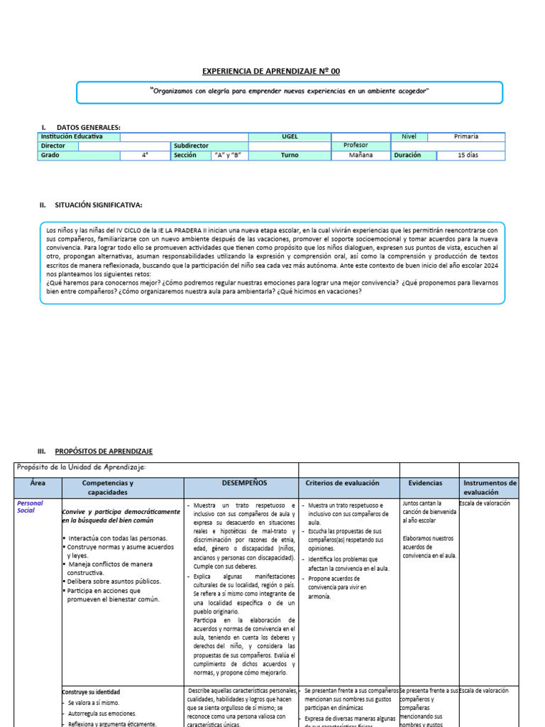 Unidad de Aprendizaje 0 - 2024 | PDF | Educación primaria | Aprendizaje