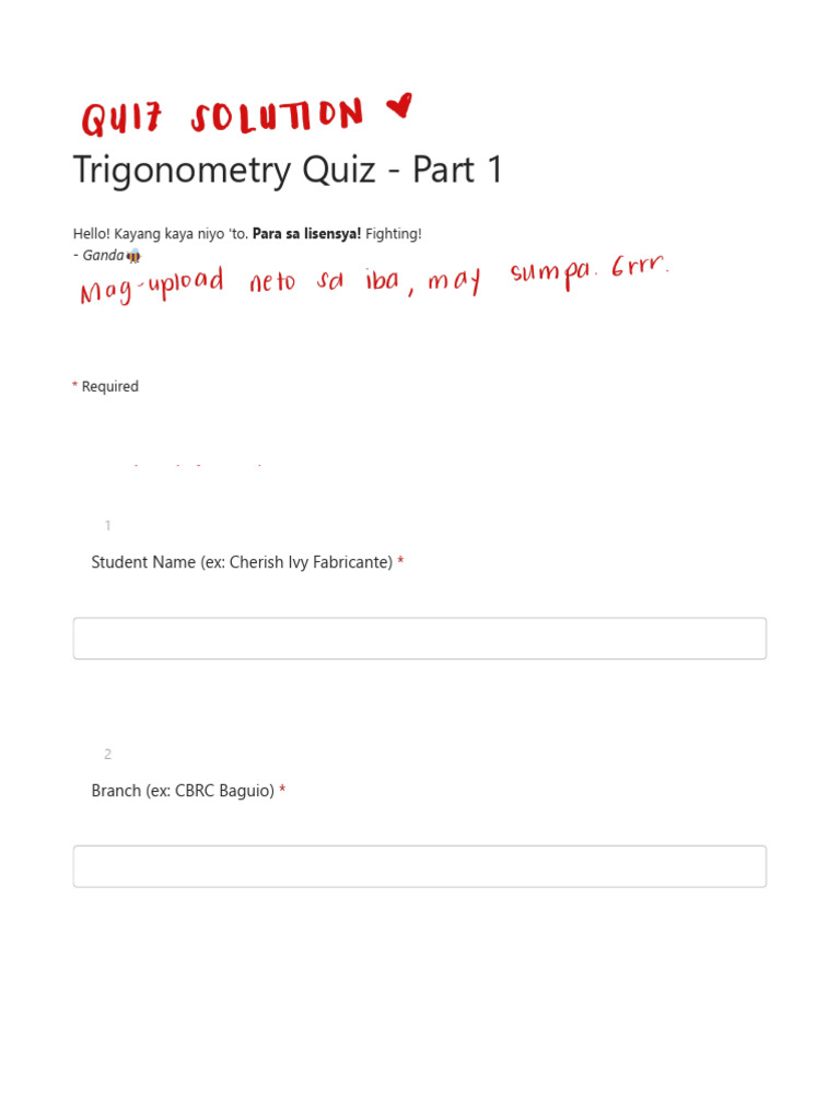 Trigonometry Quiz - Part 1 | PDF | Trigonometry | Triangle Geometry